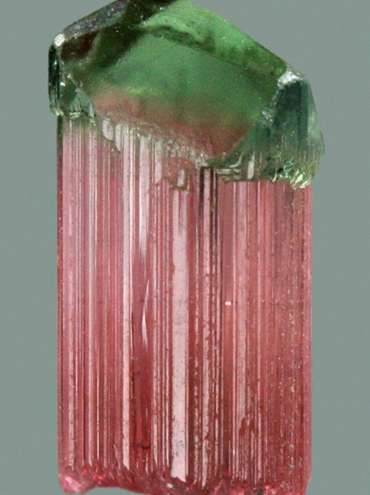 A 4 cm gemmy pplychrome elbaite perched on a 3 x 3 cm feldspar sample ...