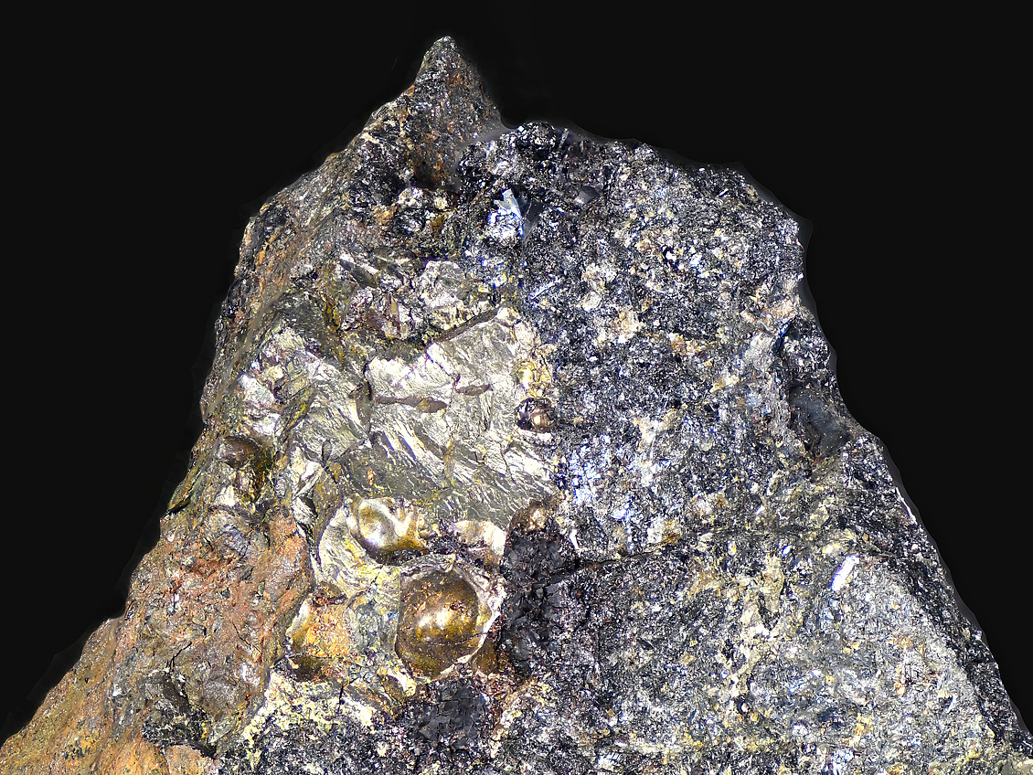 Troilite mass, showing dark gray fresh surface and greenish weathering ...