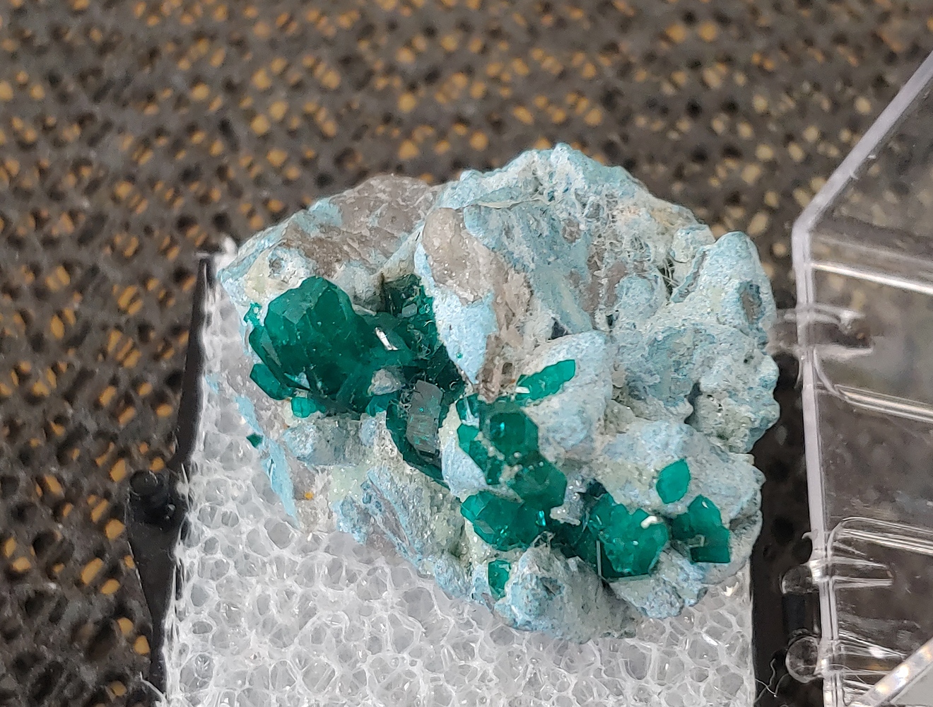 General : Dioptase crystals on pale blue Plancheite from????