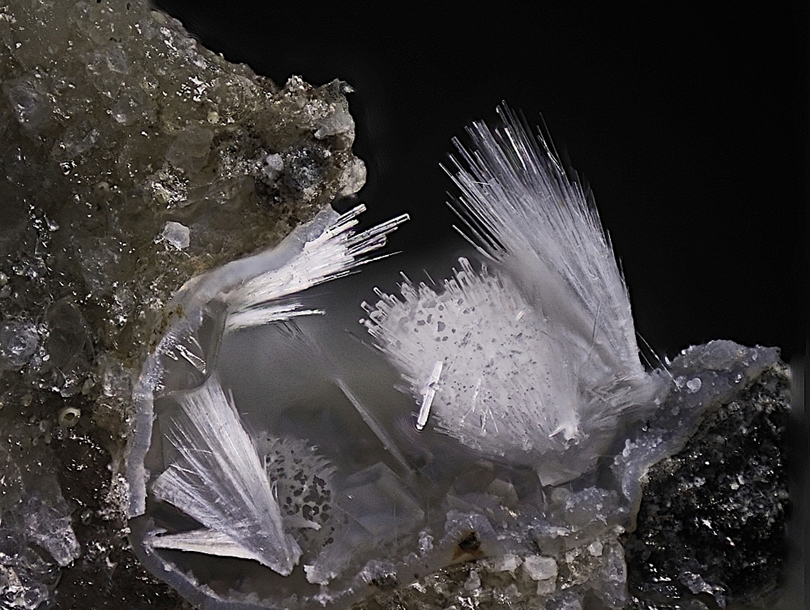 Colorless hexagonal needles of Erionite-K in a small vug. Collection ...