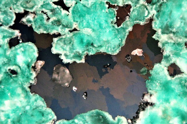 Naumannite, Calcite, Chalcomenite, Malachite