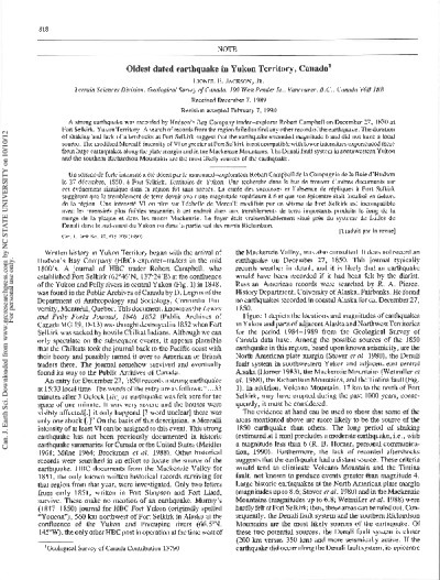 Jackson Jr., Lionel E. (1990) Oldest dated earthquake in Yukon ...